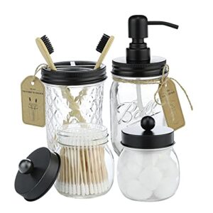 imavo mason jar bathroom accessories set,4 pcs gift set - liquid hand soap dispenser, toothbrush holder, 2 cotton ball jar, farmhouse decor bathroom set(black)