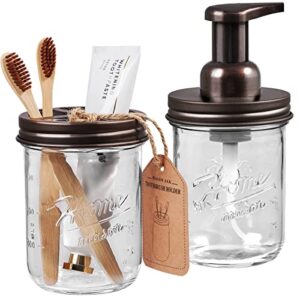 mason jar bathroom accessories set - includes mason jar foaming hand soap dispenser and toothbrush holder - rustic farmhouse decor apothecary jars bathroom countertop and vanity organizer (bronze)