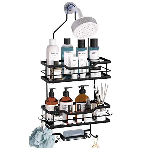 Consumest Shower Caddy over Head Hanging Shower Caddy with Soap Holder, Rustproof & Waterproof Shower Shelf with 4 Movable Hooks, No Drilling Black Shower Rack for Bathroom, Shower Room