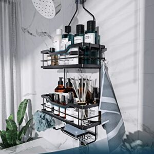 Consumest Shower Caddy over Head Hanging Shower Caddy with Soap Holder, Rustproof & Waterproof Shower Shelf with 4 Movable Hooks, No Drilling Black Shower Rack for Bathroom, Shower Room