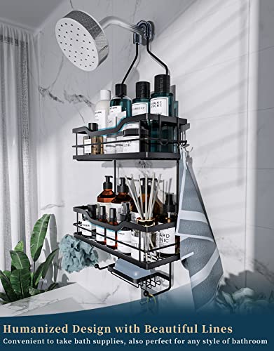 Consumest Shower Caddy over Head Hanging Shower Caddy with Soap Holder, Rustproof & Waterproof Shower Shelf with 4 Movable Hooks, No Drilling Black Shower Rack for Bathroom, Shower Room