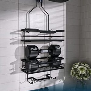 Consumest Shower Caddy over Head Hanging Shower Caddy with Soap Holder, Rustproof & Waterproof Shower Shelf with 4 Movable Hooks, No Drilling Black Shower Rack for Bathroom, Shower Room