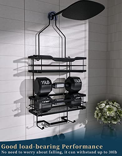 Consumest Shower Caddy over Head Hanging Shower Caddy with Soap Holder, Rustproof & Waterproof Shower Shelf with 4 Movable Hooks, No Drilling Black Shower Rack for Bathroom, Shower Room