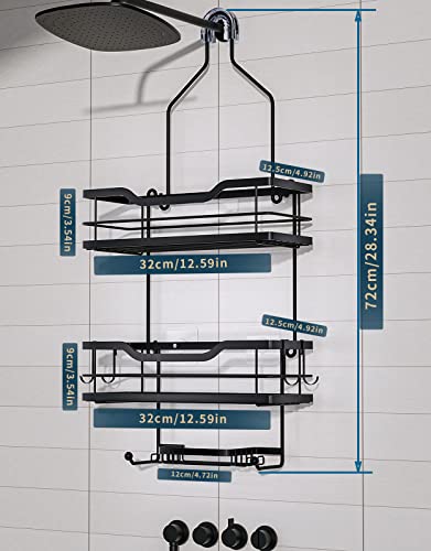 Consumest Shower Caddy over Head Hanging Shower Caddy with Soap Holder, Rustproof & Waterproof Shower Shelf with 4 Movable Hooks, No Drilling Black Shower Rack for Bathroom, Shower Room