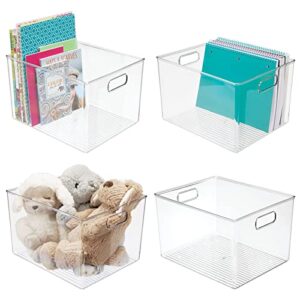 mdesign plastic storage organizer container bin, household organization for cabinet, counter, drawer, cubby, and cupboard, holds clothing, linens, toys, and essentials, ligne collection, 4 pack, clear