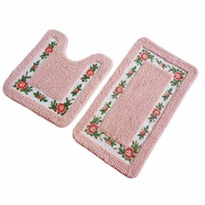 ukeler non-skid floral rose bathroom contour rugs, set of 2 soft shaggy non slip bath shower mat and u-shaped toilet floor rugs, pink