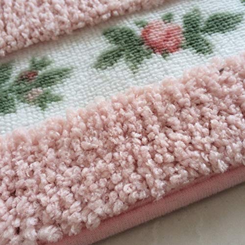 UKELER Non-Skid Floral Rose Bathroom Contour Rugs, Set of 2 Soft Shaggy Non Slip Bath Shower Mat and U-Shaped Toilet Floor Rugs, Pink