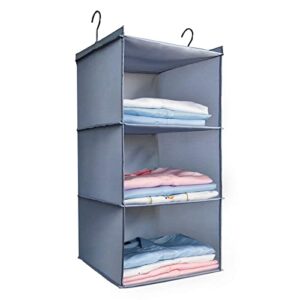 donyeco hanging closet organizer and storage 3-shelf, easy mount foldable hanging closet wardrobe storage shelves, clothes handbag shoes accessories storage, washable oxford cloth fabric, gray