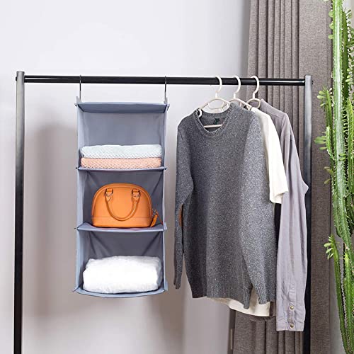 DonYeco Hanging Closet Organizer and Storage 3-Shelf, Easy Mount Foldable Hanging Closet Wardrobe Storage Shelves, Clothes Handbag Shoes Accessories Storage, Washable Oxford Cloth Fabric, Gray