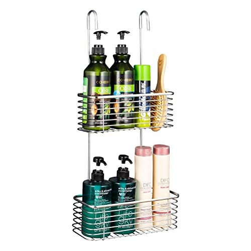 YQh Stainless steel double-layer shower rack, shower room hanging bathroom organizer, storage rack installed on the hanging bar or door, can store shampoo, hair conditioner, shower gel