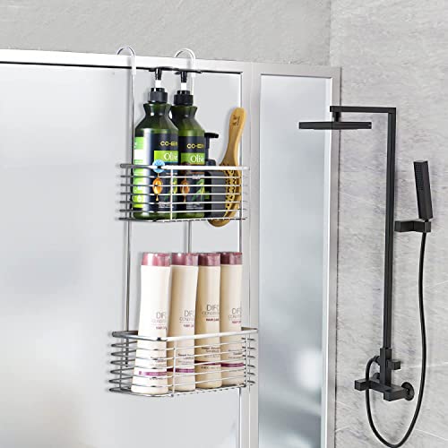 YQh Stainless steel double-layer shower rack, shower room hanging bathroom organizer, storage rack installed on the hanging bar or door, can store shampoo, hair conditioner, shower gel