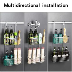 YQh Stainless steel double-layer shower rack, shower room hanging bathroom organizer, storage rack installed on the hanging bar or door, can store shampoo, hair conditioner, shower gel