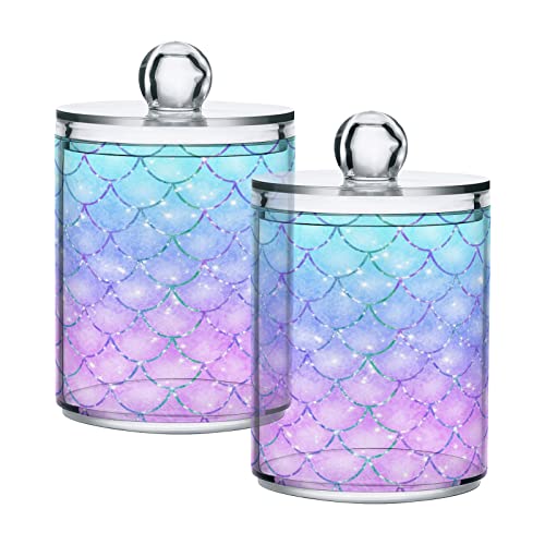 MNSRUU 2 Pack Qtip Holder Organizer Dispenser Pink Blue Mermaid Scales Bathroom Storage Canister Cotton Ball Holder Bathroom Containers for Cotton Swabs/Pads/Floss