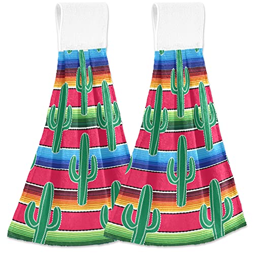 visesunny Hanging Tie Towels 2 Pack Kitchen Hand Towels Dishcloths Sets with Loop Green Cactus Mexican Blanket Stripe Soft Cotton Absorbent Hand Towels for Bathroom Restaurant Hotel BBQ Machine Washab