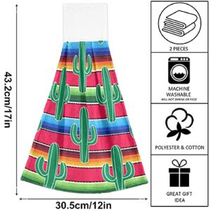 visesunny Hanging Tie Towels 2 Pack Kitchen Hand Towels Dishcloths Sets with Loop Green Cactus Mexican Blanket Stripe Soft Cotton Absorbent Hand Towels for Bathroom Restaurant Hotel BBQ Machine Washab