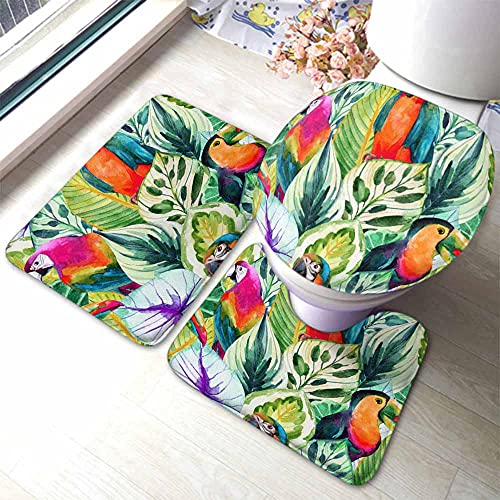 AOYEGO Watercolor Parrots Bathroom Rugs Set of 3 Exotic Tropical Leaves Jungle Macaw Bird Rainbow Leaf Non Slip 31.5X19.7 Inch Soft Absorbent Polyester for Tub Shower Toilet