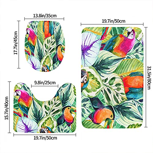 AOYEGO Watercolor Parrots Bathroom Rugs Set of 3 Exotic Tropical Leaves Jungle Macaw Bird Rainbow Leaf Non Slip 31.5X19.7 Inch Soft Absorbent Polyester for Tub Shower Toilet