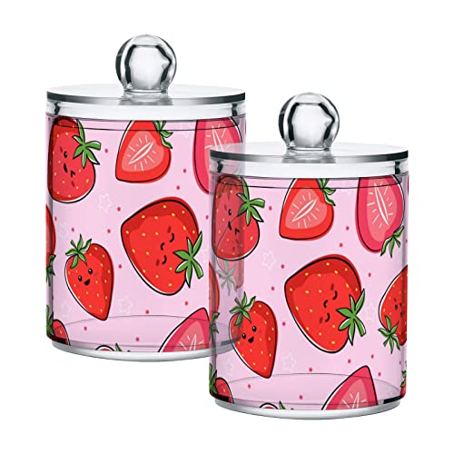 Clear Plastic Jar Set for Cotton Ball, Cotton Swab, Cotton Round Pads, Floss, Kawaii Fruits Cute Strawberry Bathroom Canisters Storage Organizer, Vanity Makeup Organizer,2Pack