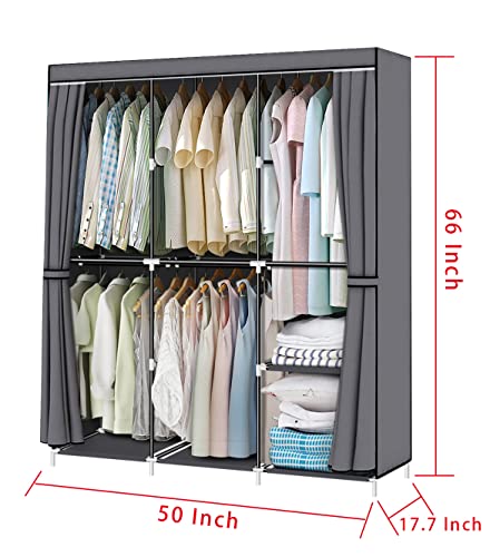 YOUUD Portable Closet 50 Inch Wardrobe Closet for Hanging Clothes with Non-Woven Fabric Cover and Hanging Rods, Quick and Easy Assembly, Grey