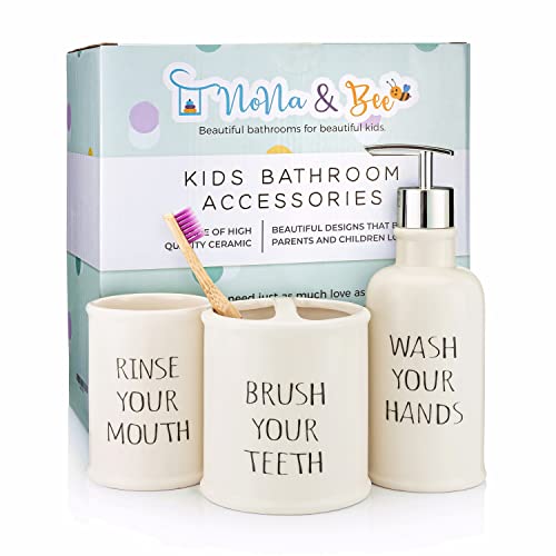 Cute Kids Bathroom Accessories Set | 3 pc Modern Farmhouse White Ceramic Toothbrush Holder, Liquid Hand Soap Dispenser & Rinse Cup | WASH Your Hands, Brush Your Teeth Decor for Child Bath Room