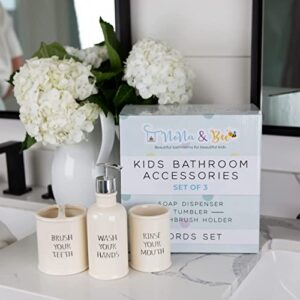 Cute Kids Bathroom Accessories Set | 3 pc Modern Farmhouse White Ceramic Toothbrush Holder, Liquid Hand Soap Dispenser & Rinse Cup | WASH Your Hands, Brush Your Teeth Decor for Child Bath Room