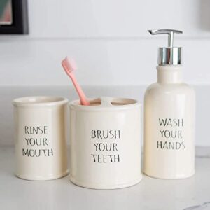 Cute Kids Bathroom Accessories Set | 3 pc Modern Farmhouse White Ceramic Toothbrush Holder, Liquid Hand Soap Dispenser & Rinse Cup | WASH Your Hands, Brush Your Teeth Decor for Child Bath Room