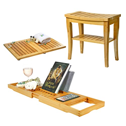 Premium Bamboo Shower Bench, Bamboo Bathtub Tray Caddy, and Bathroom Floor Mat