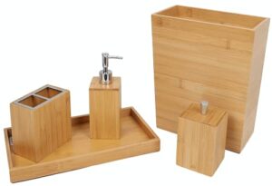 bamboo bathroom accessories set with bamboo trash can 5 piece complete wood boho bathroom accessory set toiletry box toothbrush holder liquid bamboo soap dispenser wood towel tray bamboo decor