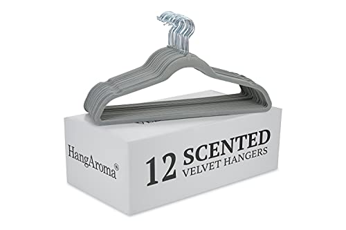 HangAroma Non-Slip Scented Velvet Hangers - Heavy Duty Clothes Hanger - Ultra Thin Space Saving 360 Degree Swivel Hook - Ideal for Coats, Jackets, Pants, & Dress - French Lavender - 12 Pack