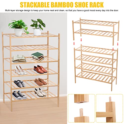 Unizooke 6-Tier Bamboo Shoe Rack for Entryway, Premium Stackable Shoe Rack Free Standing Shoe Racks for Closet Bedroom Cloakroom Study Kitchen Garden Balcony.