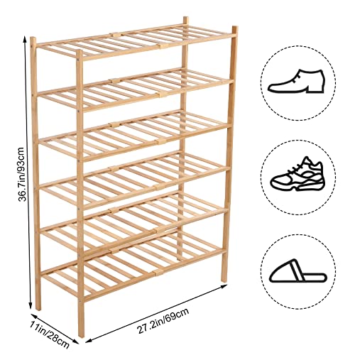 Unizooke 6-Tier Bamboo Shoe Rack for Entryway, Premium Stackable Shoe Rack Free Standing Shoe Racks for Closet Bedroom Cloakroom Study Kitchen Garden Balcony.