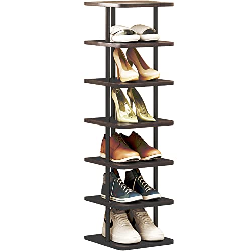 SORCEDAS Shoe Rack Organizer 7 Tier Vertical Storage Stand Narrow Shelf for Small Spaces Entryway Corner Closet Door Bedroom Black (Black + Rustic Dark Brown, 7 Tier-Small)