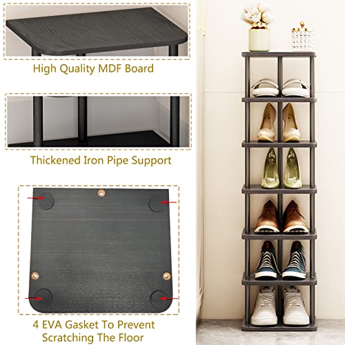 SORCEDAS Shoe Rack Organizer 7 Tier Vertical Storage Stand Narrow Shelf for Small Spaces Entryway Corner Closet Door Bedroom Black (Black + Rustic Dark Brown, 7 Tier-Small)