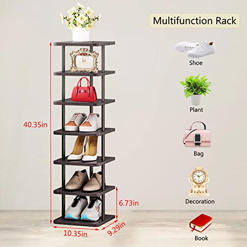 SORCEDAS Shoe Rack Organizer 7 Tier Vertical Storage Stand Narrow Shelf for Small Spaces Entryway Corner Closet Door Bedroom Black (Black + Rustic Dark Brown, 7 Tier-Small)