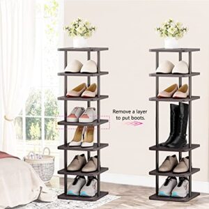 SORCEDAS Shoe Rack Organizer 7 Tier Vertical Storage Stand Narrow Shelf for Small Spaces Entryway Corner Closet Door Bedroom Black (Black + Rustic Dark Brown, 7 Tier-Small)