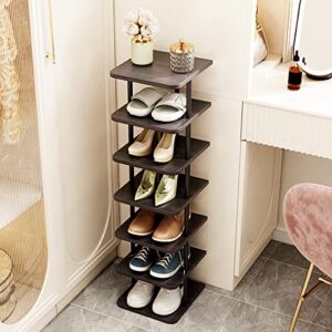 SORCEDAS Shoe Rack Organizer 7 Tier Vertical Storage Stand Narrow Shelf for Small Spaces Entryway Corner Closet Door Bedroom Black (Black + Rustic Dark Brown, 7 Tier-Small)