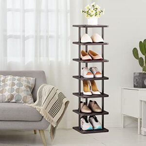 SORCEDAS Shoe Rack Organizer 7 Tier Vertical Storage Stand Narrow Shelf for Small Spaces Entryway Corner Closet Door Bedroom Black (Black + Rustic Dark Brown, 7 Tier-Small)