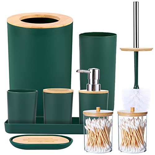 SLDIYWOW 9-Piece Dark Green Bathroom Accessories Set with Trash Can, Tray, Soap Dispenser, Toothbrush Holder, Toothbrush Cup, Soap Dish, Toilet Brush and Q-tip Holders for Bathroom