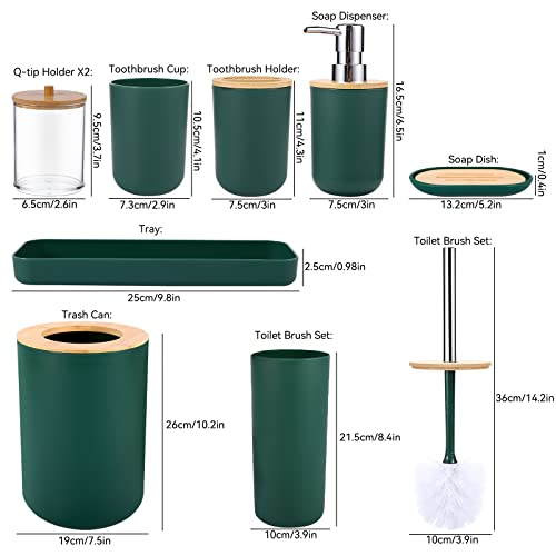 SLDIYWOW 9-Piece Dark Green Bathroom Accessories Set with Trash Can, Tray, Soap Dispenser, Toothbrush Holder, Toothbrush Cup, Soap Dish, Toilet Brush and Q-tip Holders for Bathroom