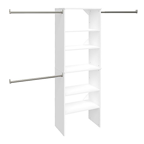 ClosetMaid SuiteSymphony Wood Closet Organizer Starter Kit Tower and 3 Hang Rods, Shelves, Adjustable, Fits Spaces 5 – 10 ft. Wide, Pure White, 25"