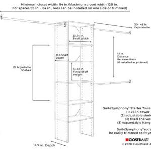 ClosetMaid SuiteSymphony Wood Closet Organizer Starter Kit Tower and 3 Hang Rods, Shelves, Adjustable, Fits Spaces 5 – 10 ft. Wide, Pure White, 25"