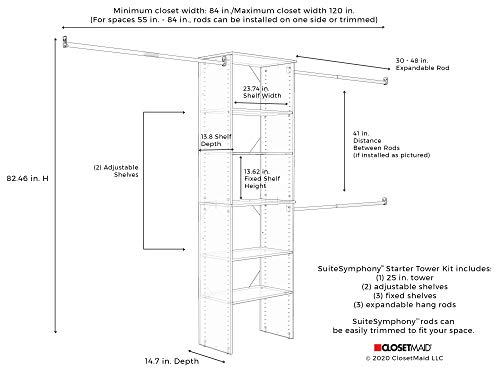 ClosetMaid SuiteSymphony Wood Closet Organizer Starter Kit Tower and 3 Hang Rods, Shelves, Adjustable, Fits Spaces 5 – 10 ft. Wide, Pure White, 25"