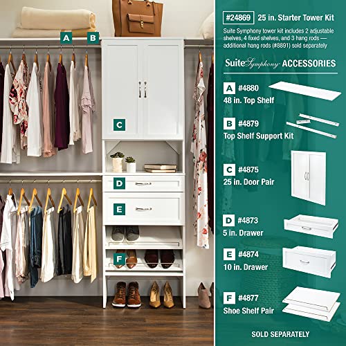 ClosetMaid SuiteSymphony Wood Closet Organizer Starter Kit Tower and 3 Hang Rods, Shelves, Adjustable, Fits Spaces 5 – 10 ft. Wide, Pure White, 25"