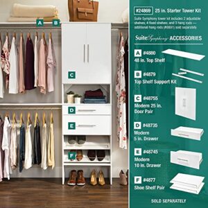 ClosetMaid SuiteSymphony Wood Closet Organizer Starter Kit Tower and 3 Hang Rods, Shelves, Adjustable, Fits Spaces 5 – 10 ft. Wide, Pure White, 25"