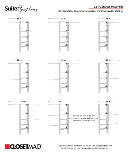 ClosetMaid SuiteSymphony Wood Closet Organizer Starter Kit Tower and 3 Hang Rods, Shelves, Adjustable, Fits Spaces 5 – 10 ft. Wide, Pure White, 25"