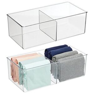 mdesign plastic 2 compartment divided drawer and closet storage bin - organizer for scarves, socks, bras, and underwear - dress drawer organizer, shelf organization -2 pack - clear