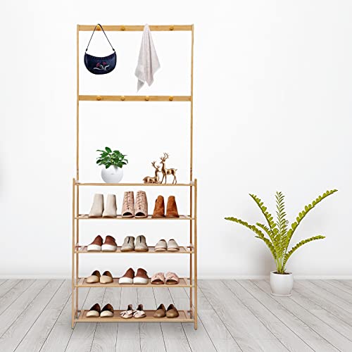 Gdrasuya10 Entryway Coat Rack Shoe Storage Shelf, 5-Tier Freestanding Hall Tree Shoe Rack with 10 Hooks for Entrance Foyer Mudroom Holds 15 Pairs of Shoes