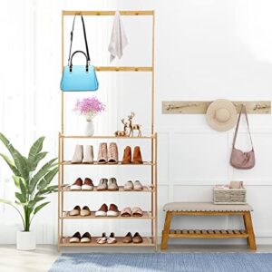 Gdrasuya10 Entryway Coat Rack Shoe Storage Shelf, 5-Tier Freestanding Hall Tree Shoe Rack with 10 Hooks for Entrance Foyer Mudroom Holds 15 Pairs of Shoes