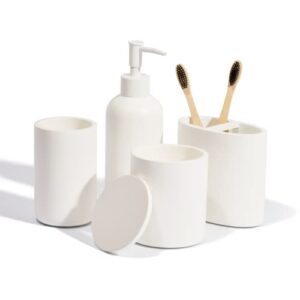 premium 4 pcs white bathroom accessories set complete. bathroom soap dispenser set. modern bathroom decor sets accessories. bathroom toothbrush holder set. white bathroom sets accessories (white)