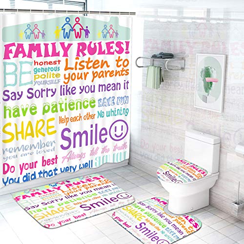 Ikfashoni 4Pcs Family Rules Shower Curtain Set with Non-Slip Rugs, Toilet Lid Cover and Bath Mat, Kids Educational Shower Curtain with 12 Hooks, Durable Waterproof Fabric Shower Curtain for Bathroom